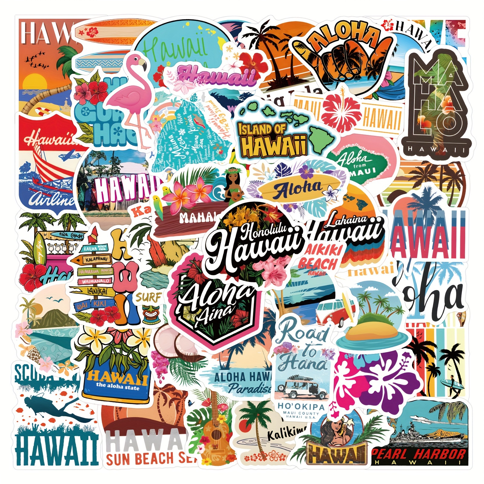 14세 이상을 위한 다용도 용도로 적합한 55개의 하와이 알로하 테마 Pvc 스티커 스크랩북 노트북 물병 헬멧 자동차용 자체 접착식 재사용 가능한 만화 데칼