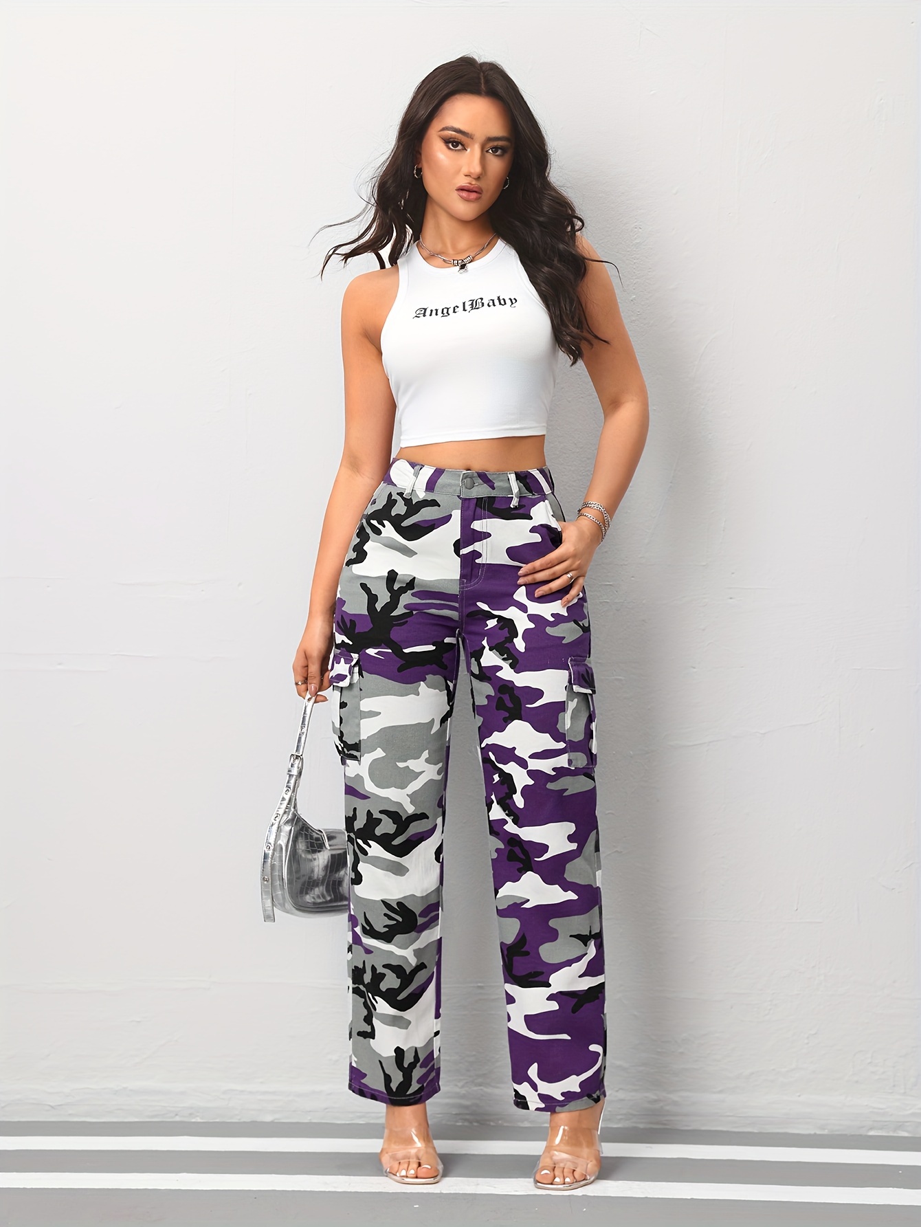 Color Block Camo Print Cargo Jeans Side Flap Pocket Loose - Temu