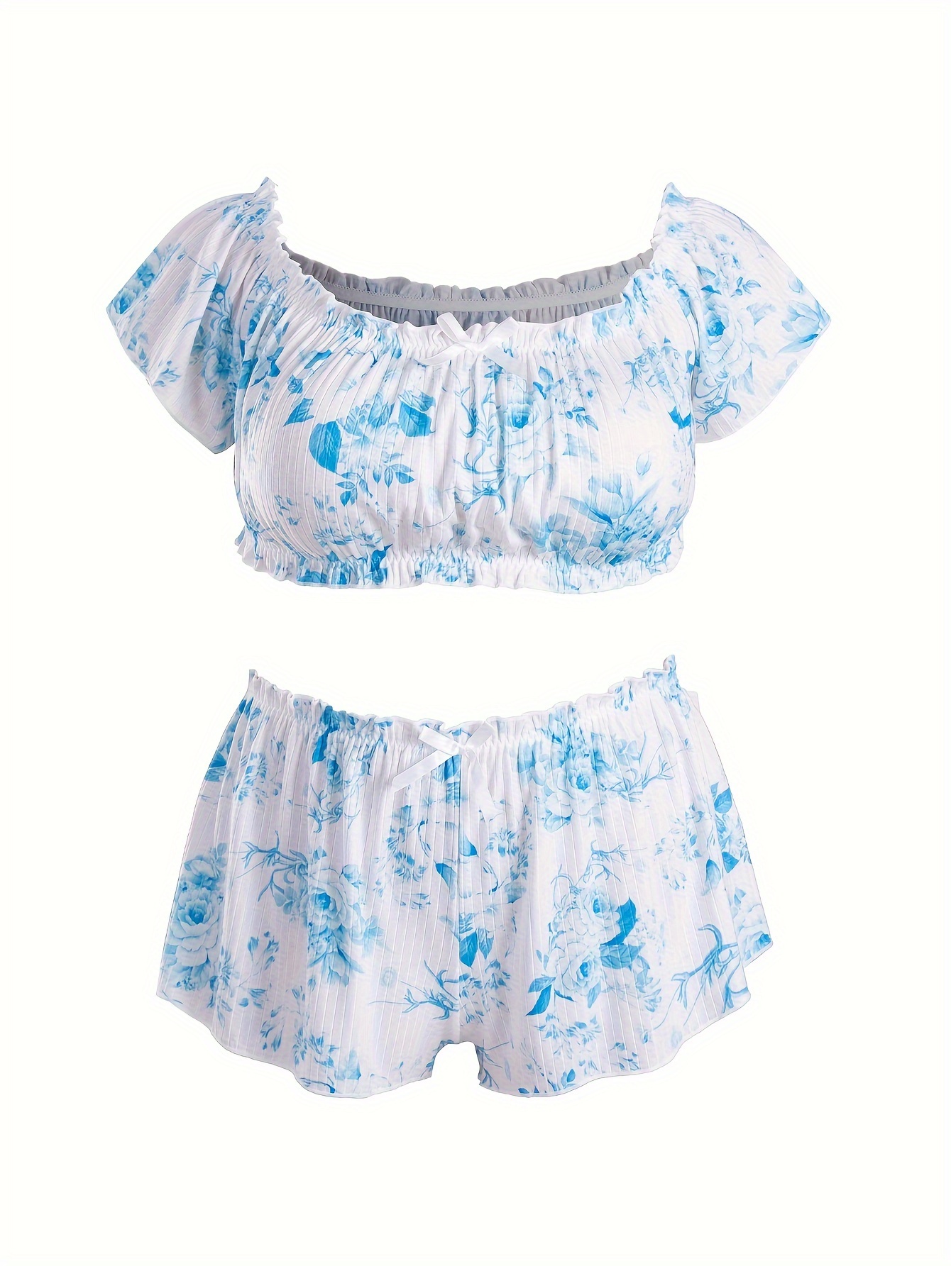 Floral Print Ribbed Lounge Set Boho Short Sleeve Boat Neck - Temu New ...