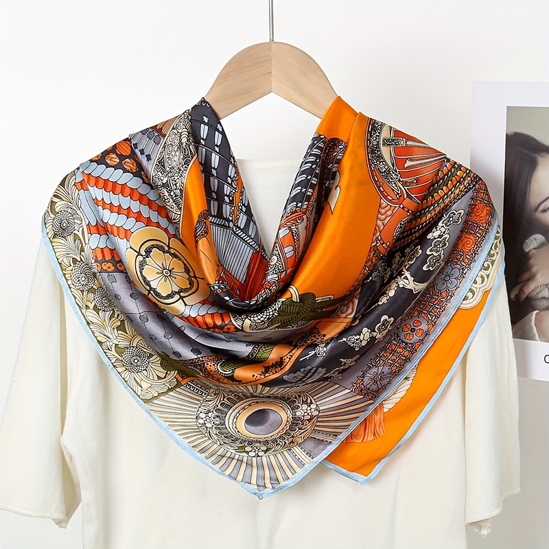 Orange Printed Square Scarf Thin Smooth Satin Silk - Temu Philippines