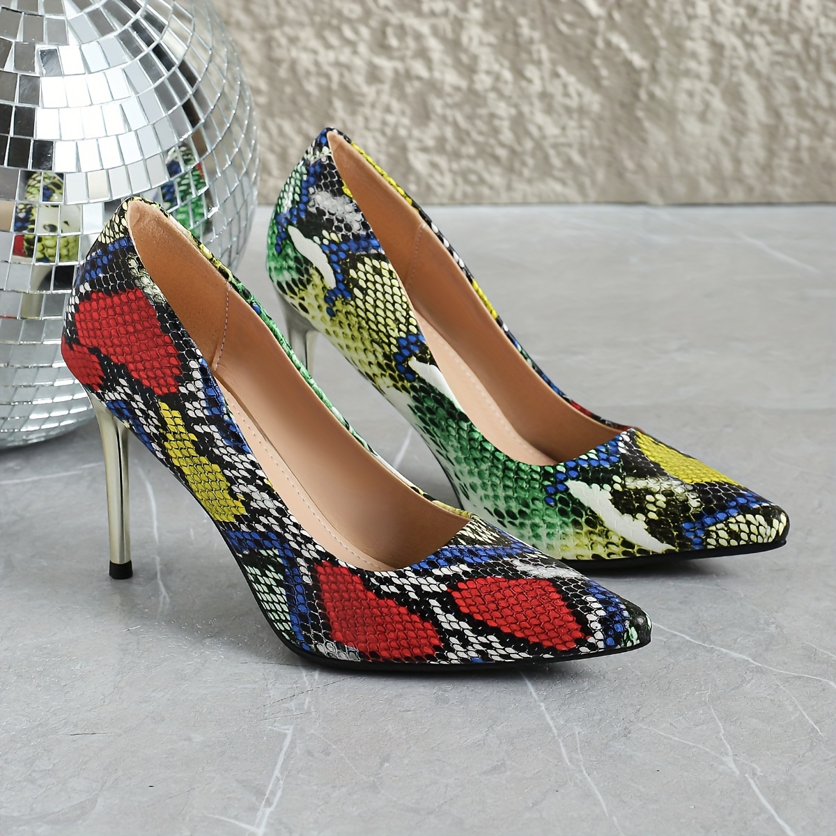 Womens Colorful Snakeskin Print Pumps Sexy Pointed Toe Slip - Temu ...