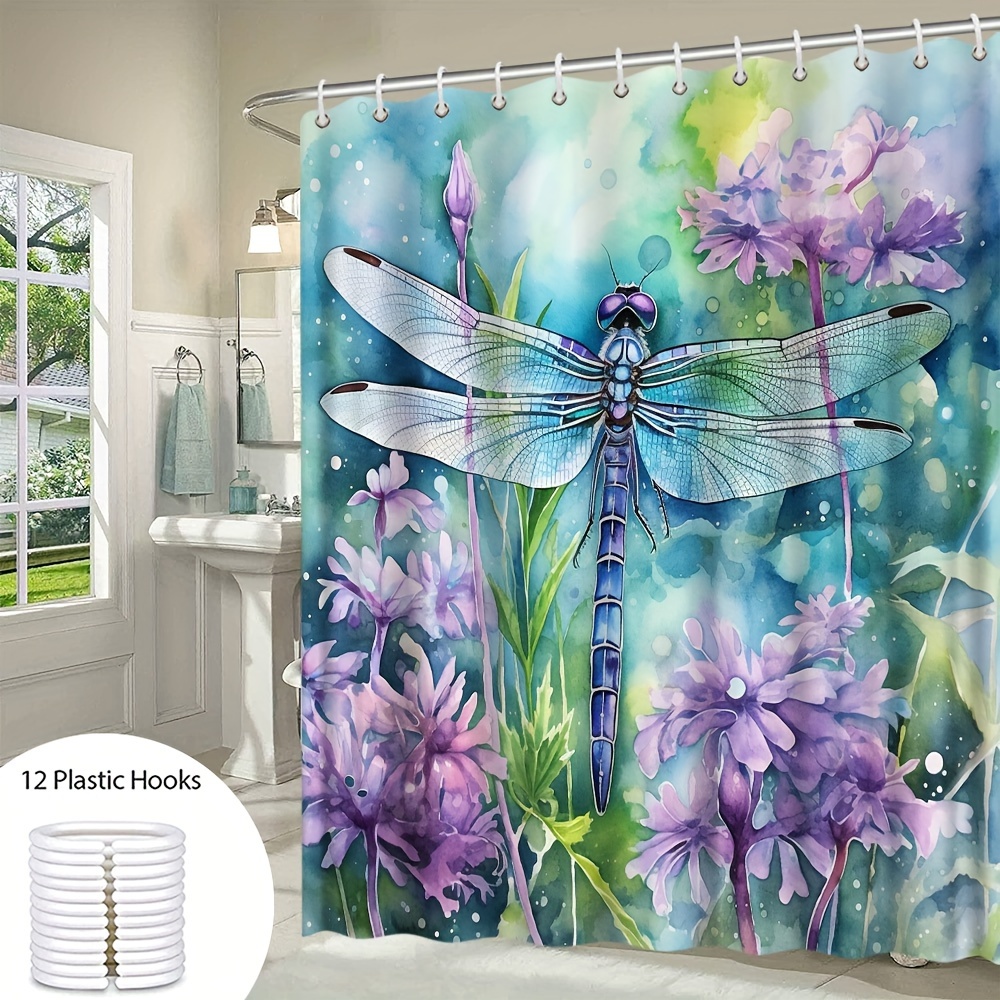 dragonfly flower watercolor painting shower curtain green Temu Mauritius