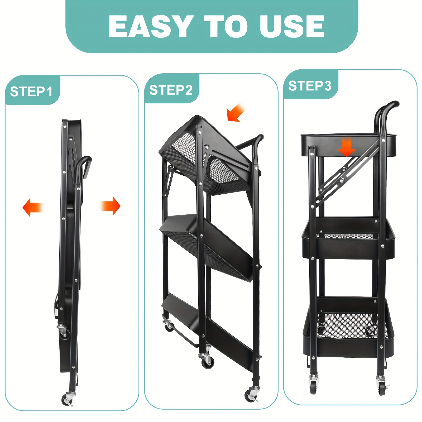 Foldable 3 Tier Metal Utility Rolling Cart Folding Mobile - Temu