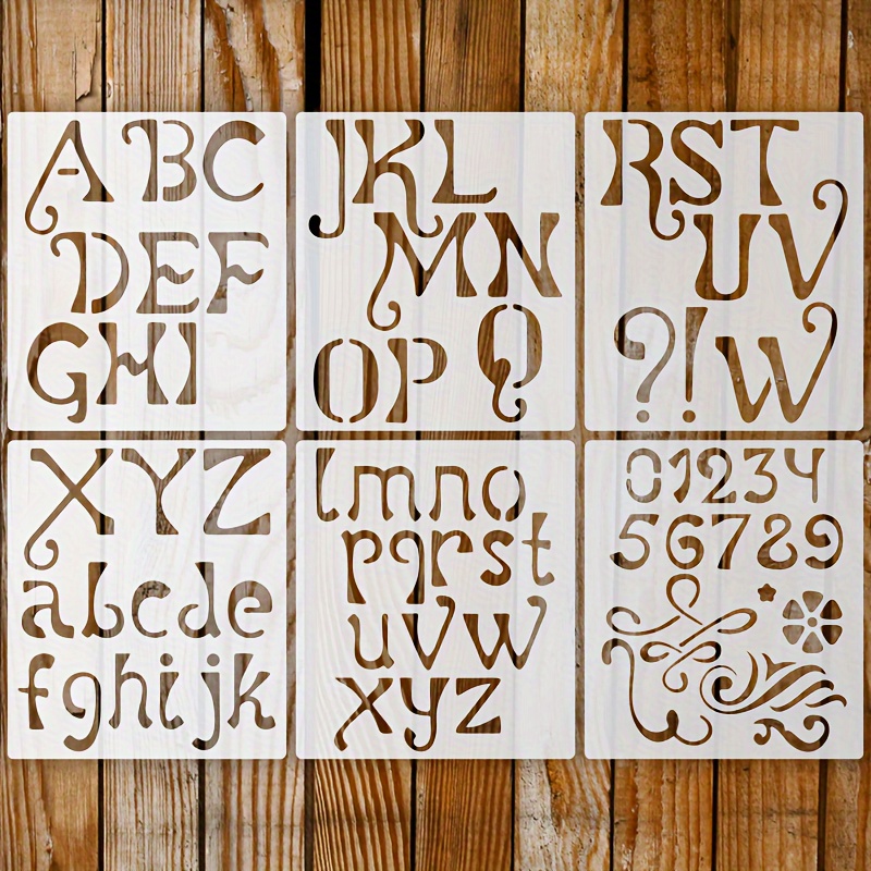 6 Pack Reusable Letter Stencils 7x8 Inch Polyethylene Terephthalate Creamy White for Wood Engraving Painting and Diary Patterns Templates