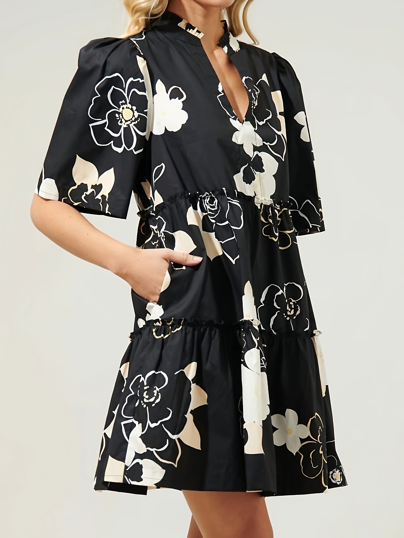 Floral Print Notch Neck Dress Elegant Puff Sleeve Ruffle Hem - Temu Australia