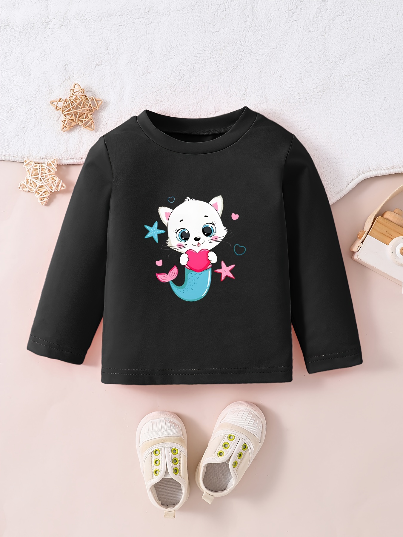 Creative Long Sleeve T shirt Cartoon Cat Mermaid Print Boys - Temu ...