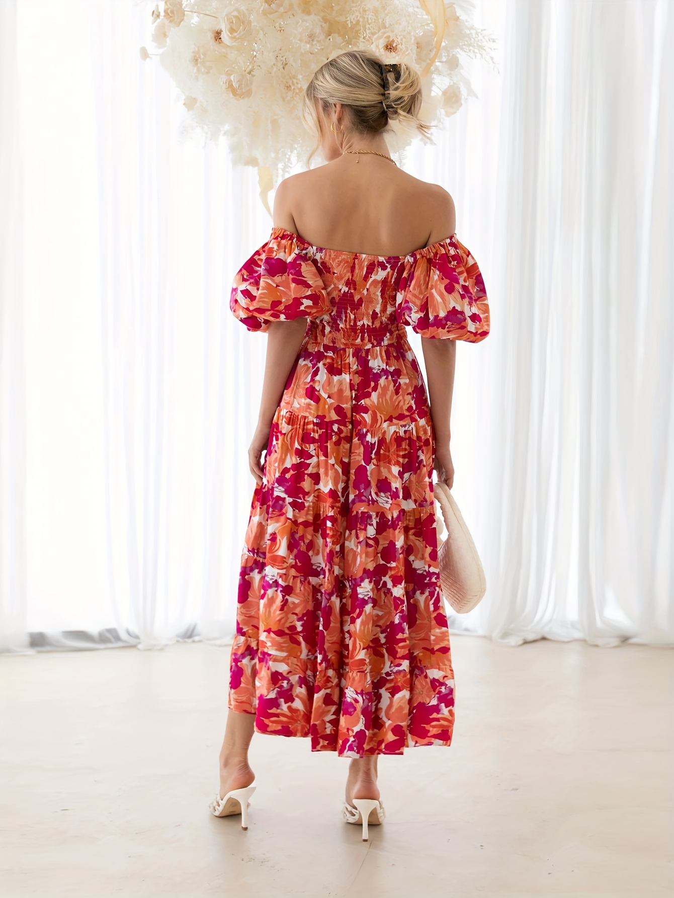Floral Print Shoulder Dress Ruffle Hem Dress Spring Summer - Temu Denmark