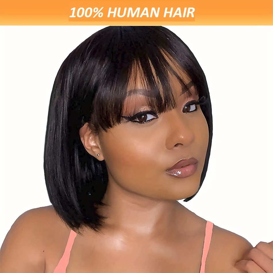 straight short bob human hair wigs bangs brazilian hair Temu United Kingdom