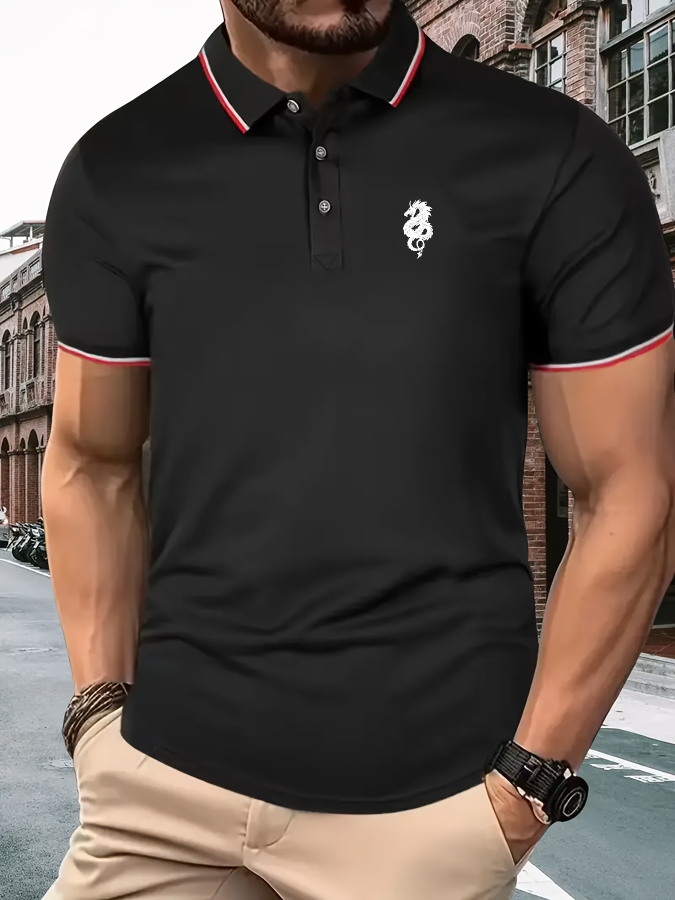 White Dragon Print Men's Casual Comfy Custom Fit Tipped - Temu Canada