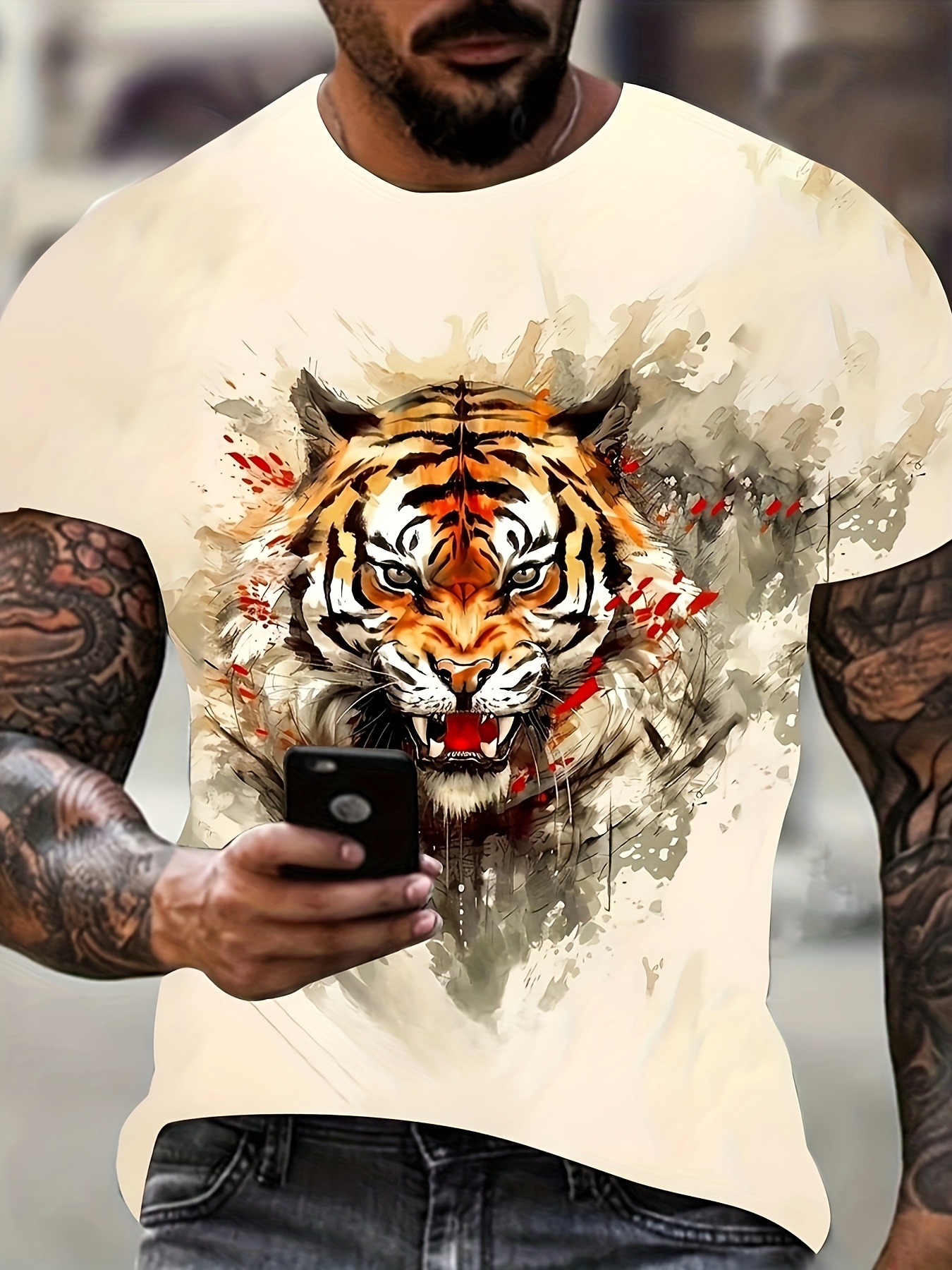 Tiger Print Mens Graphic Design Crew Neck Novel T Shirt Casual Comfy ...