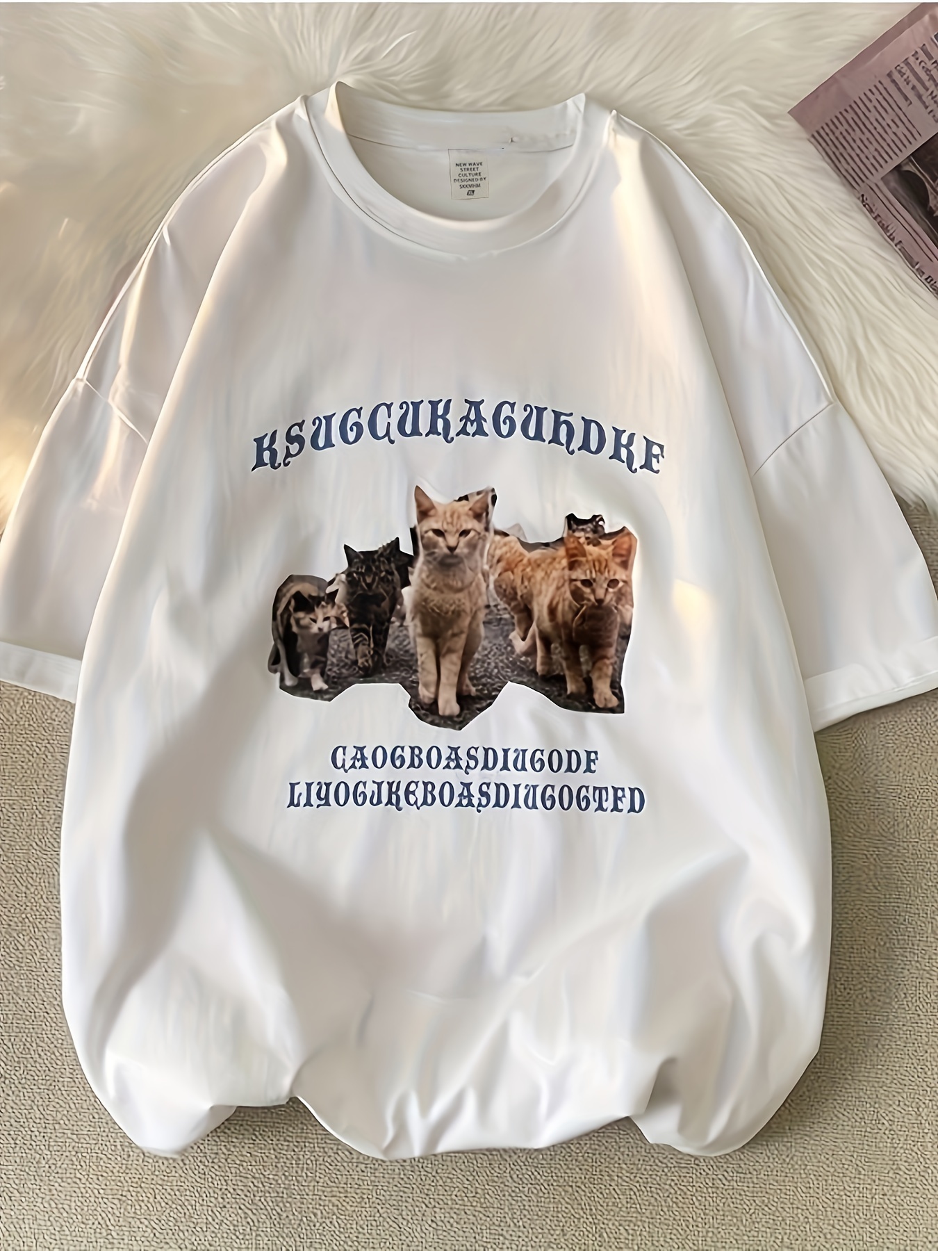 Letter Cat Print Crew Neck T shirt Casual Drop Sleeve T - Temu New Zealand