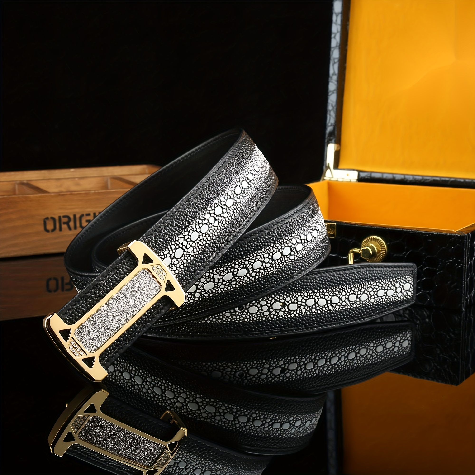 Mens Belt With Pearl Fish Pattern Genuine Leather Inlaid Artificial ...