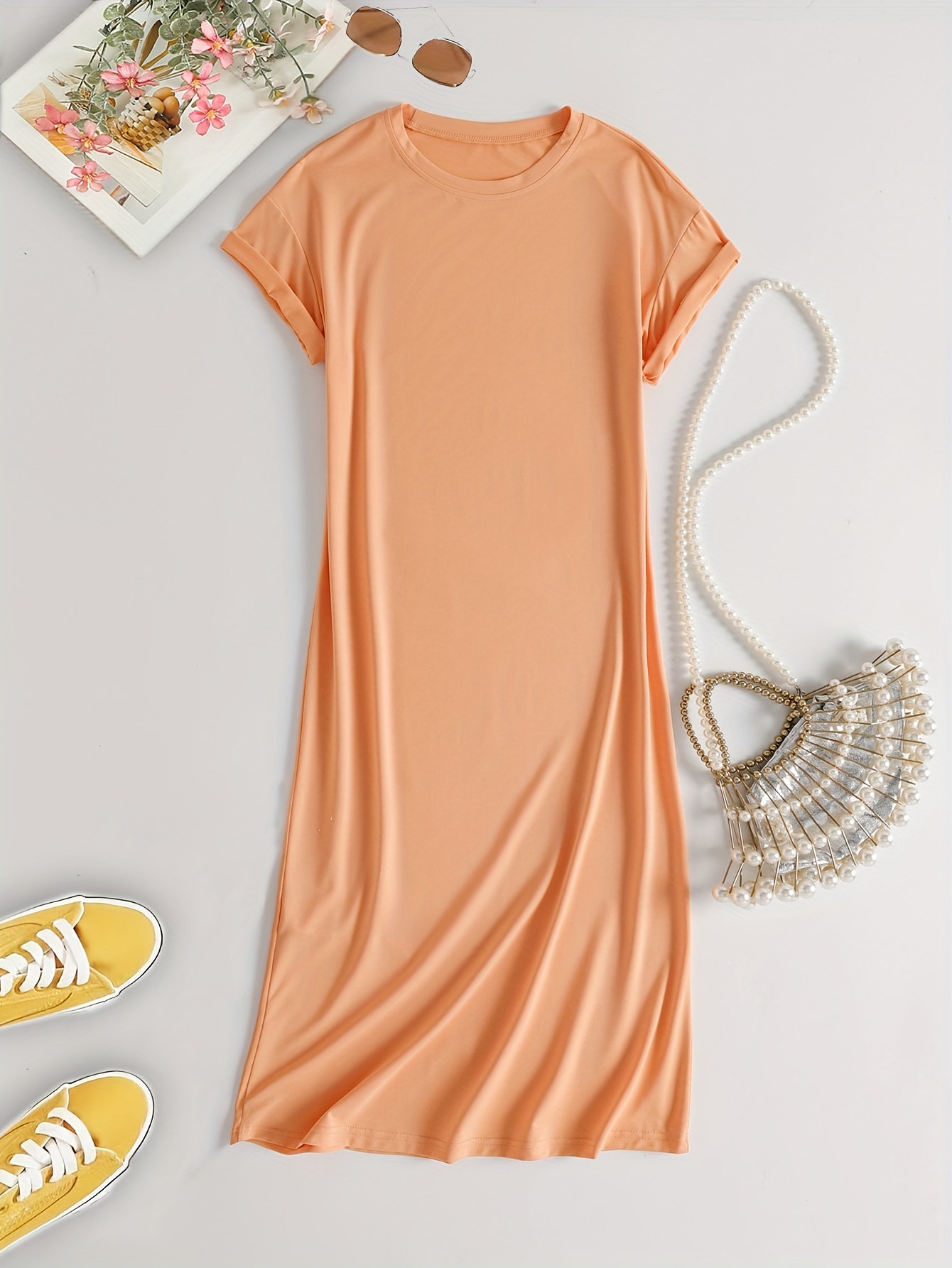 Solid Crew Neck Dress Casual Short Sleeve Dress Spring - Temu Portugal