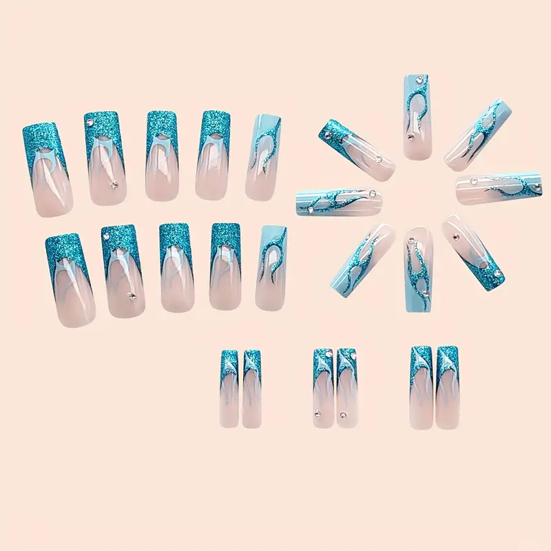 24 Pcs Long Coffin Press On Nails Set Elegant Blue French Glitter