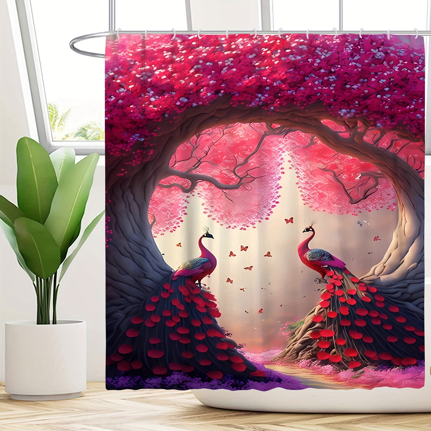 1 3 4pcs Tree Peacock Printed Shower Curtain Set Waterproof - Temu ...