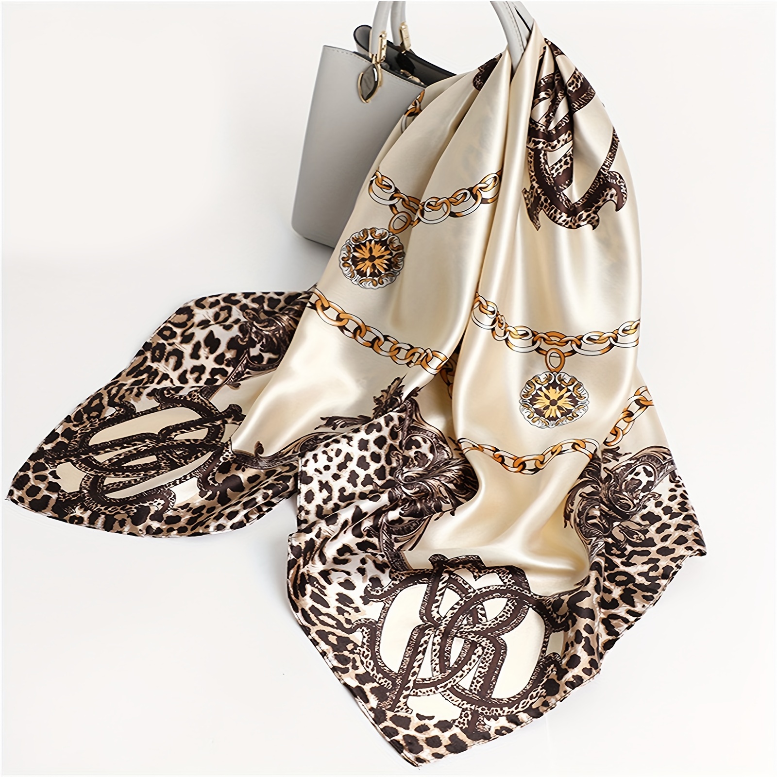 Leopard Chain Print Square Scarf Thin Satin Smooth Shawl - Temu Canada