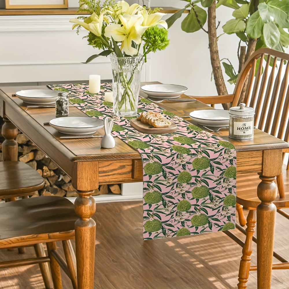 1pc Table Runner Pink Durian Pattern Table Runner Tropical Fruit Plant Design Polyester Table Runner Dining Table Decoration Home Decor For Home