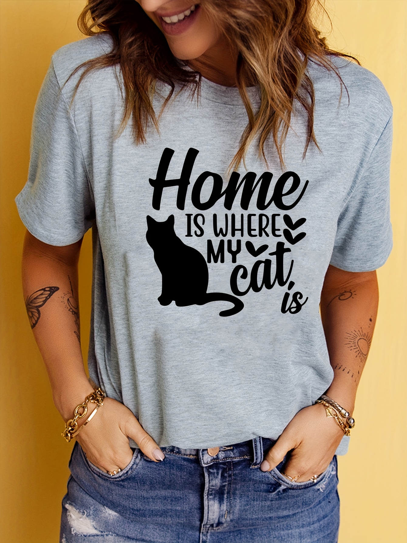 Cat Print T shirt Short Sleeve Crew Neck Casual Top Summer - Temu Canada