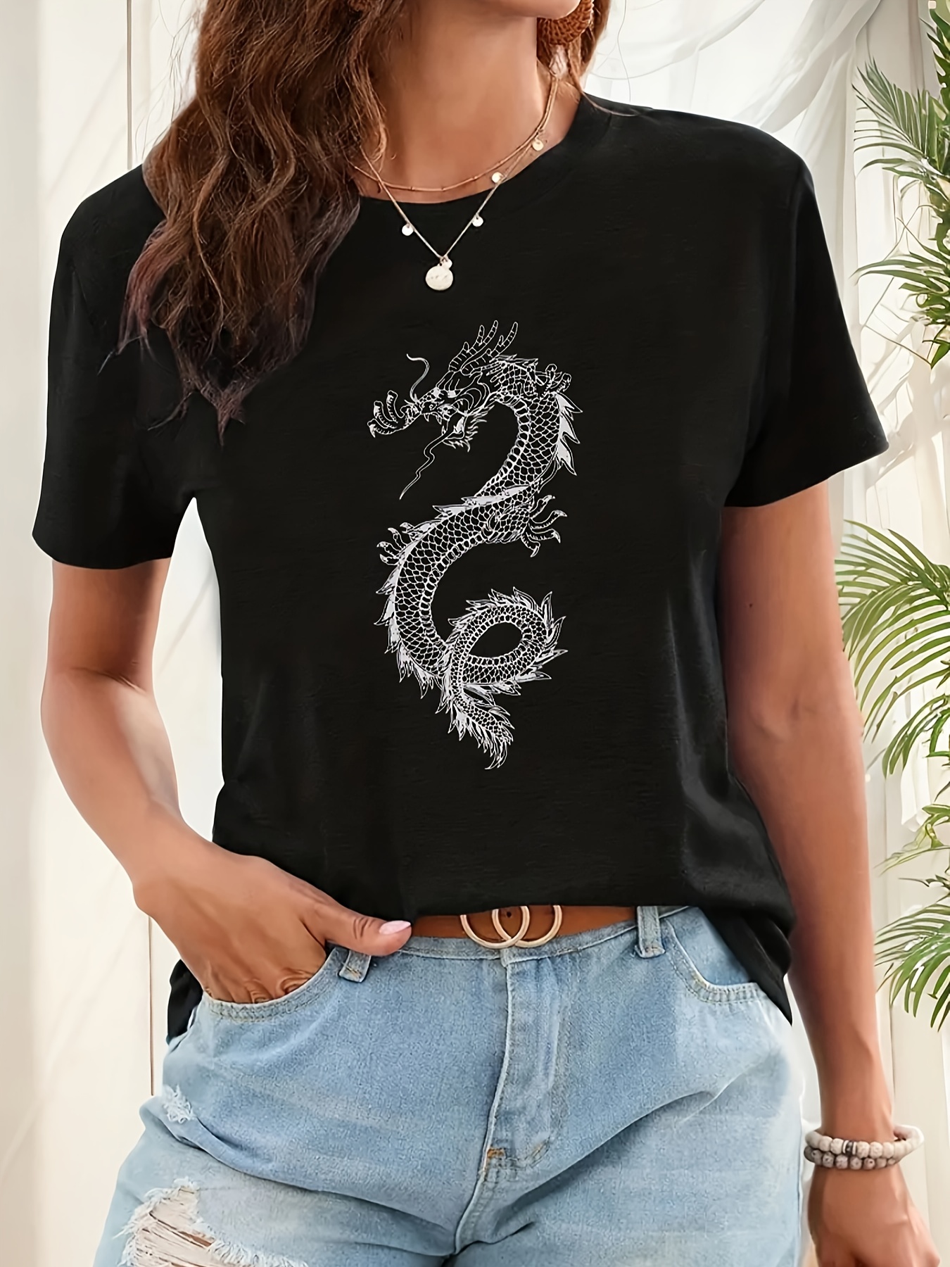 Dragon Graphic Print T shirt Short Sleeve Crew Neck Casual - Temu Canada