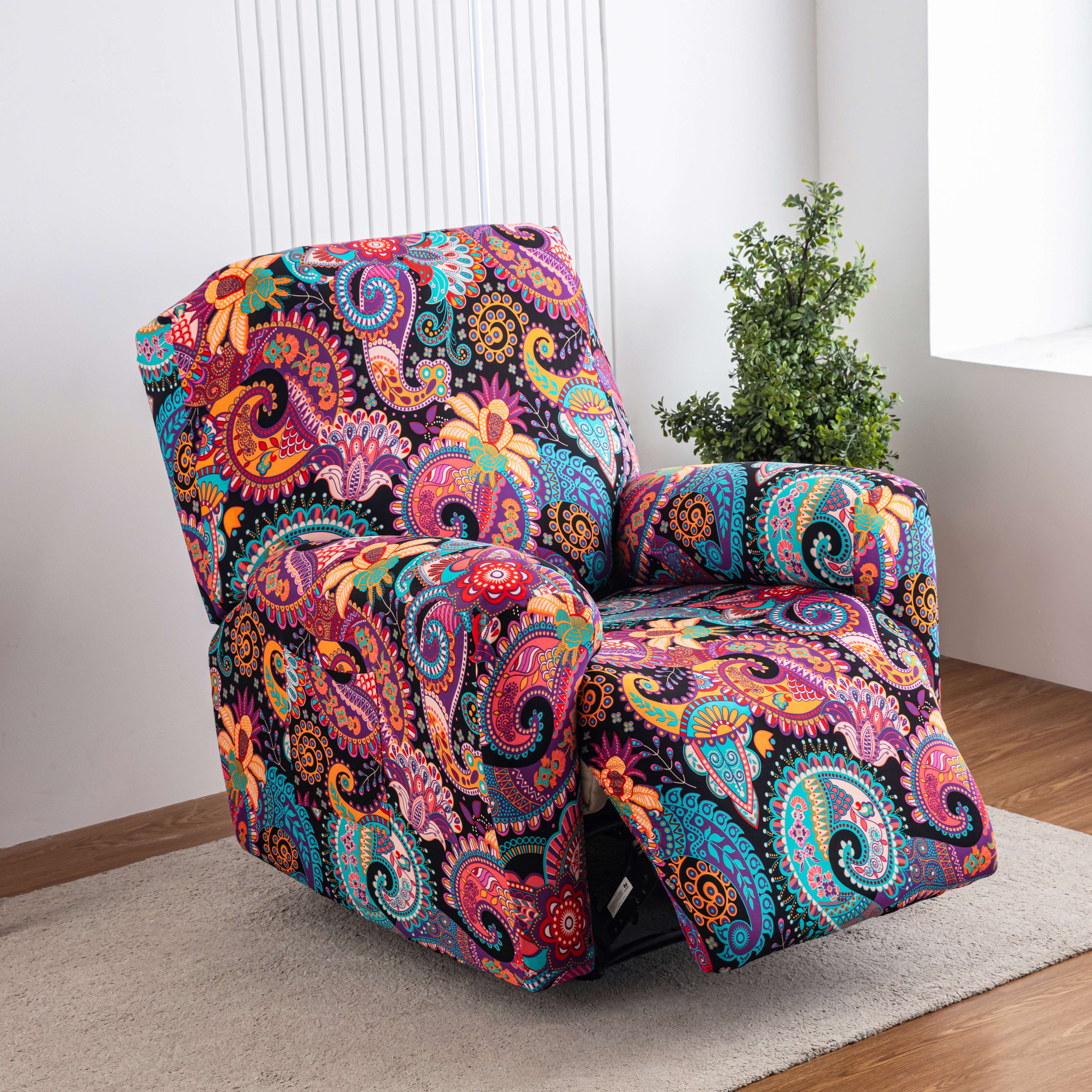 Classic Stretch 4 Piece Recliner Chair Slipcover with Side Pocket High Printed Pattern Furniture Protector with Slipcover Grip Machine