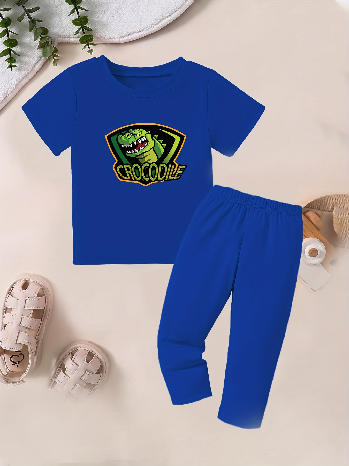 Cartoon Crocodile Print Tee Comfy Pants Baby's Set Baby Boys - Temu ...