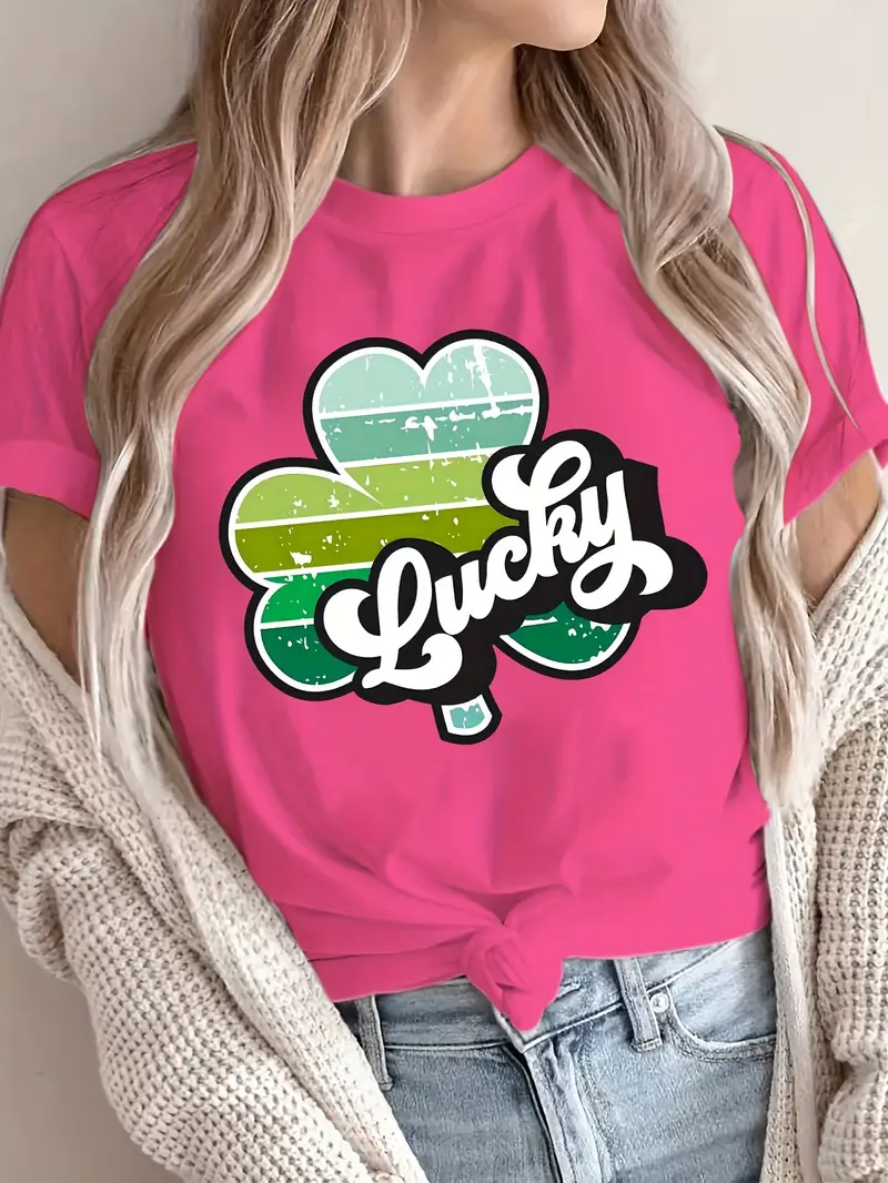 Lucky Clover Print T Shirt Plus Size Casual Crew Neck Short Temu New