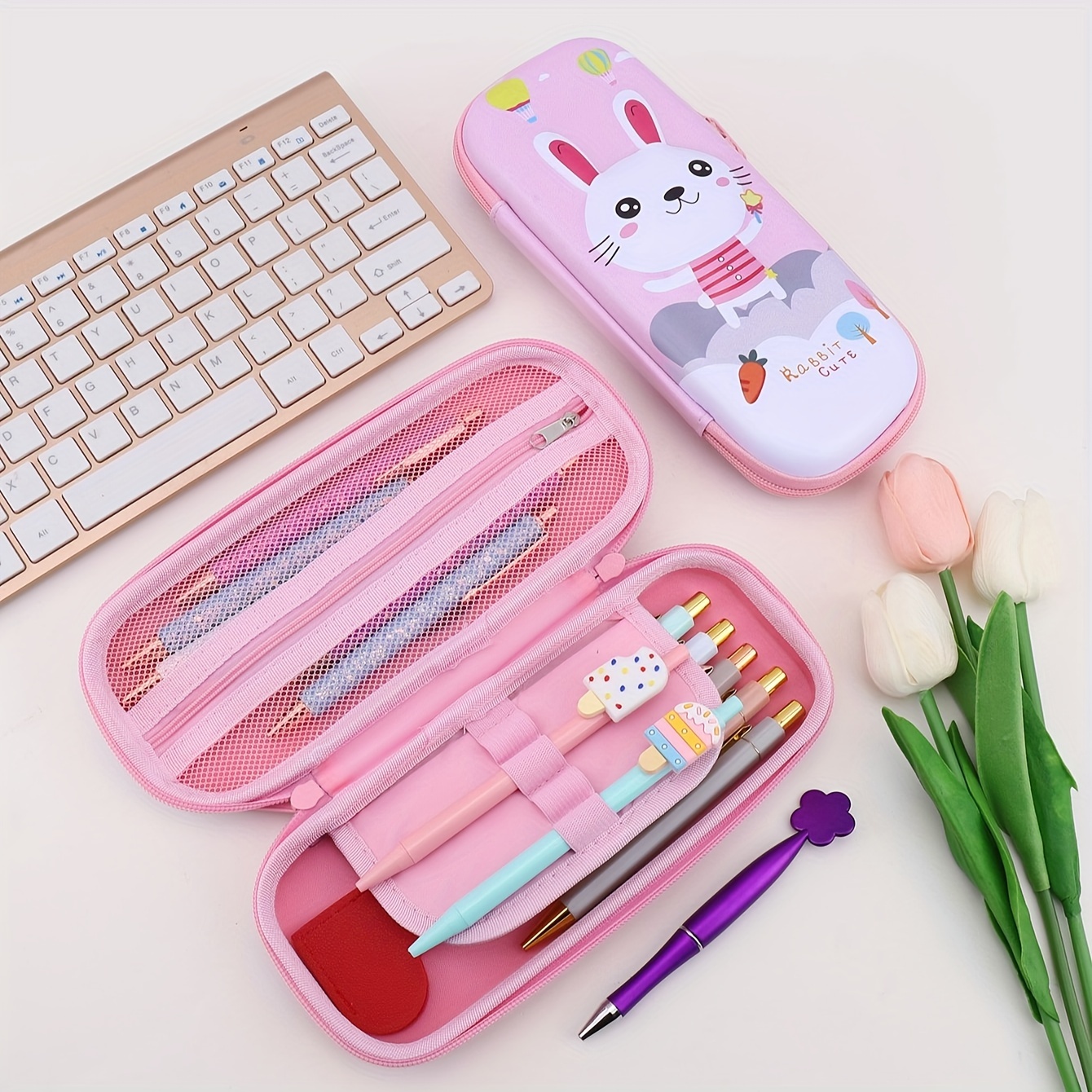 Pink Rabbit Pen Box Cartoon Cute School - Temu