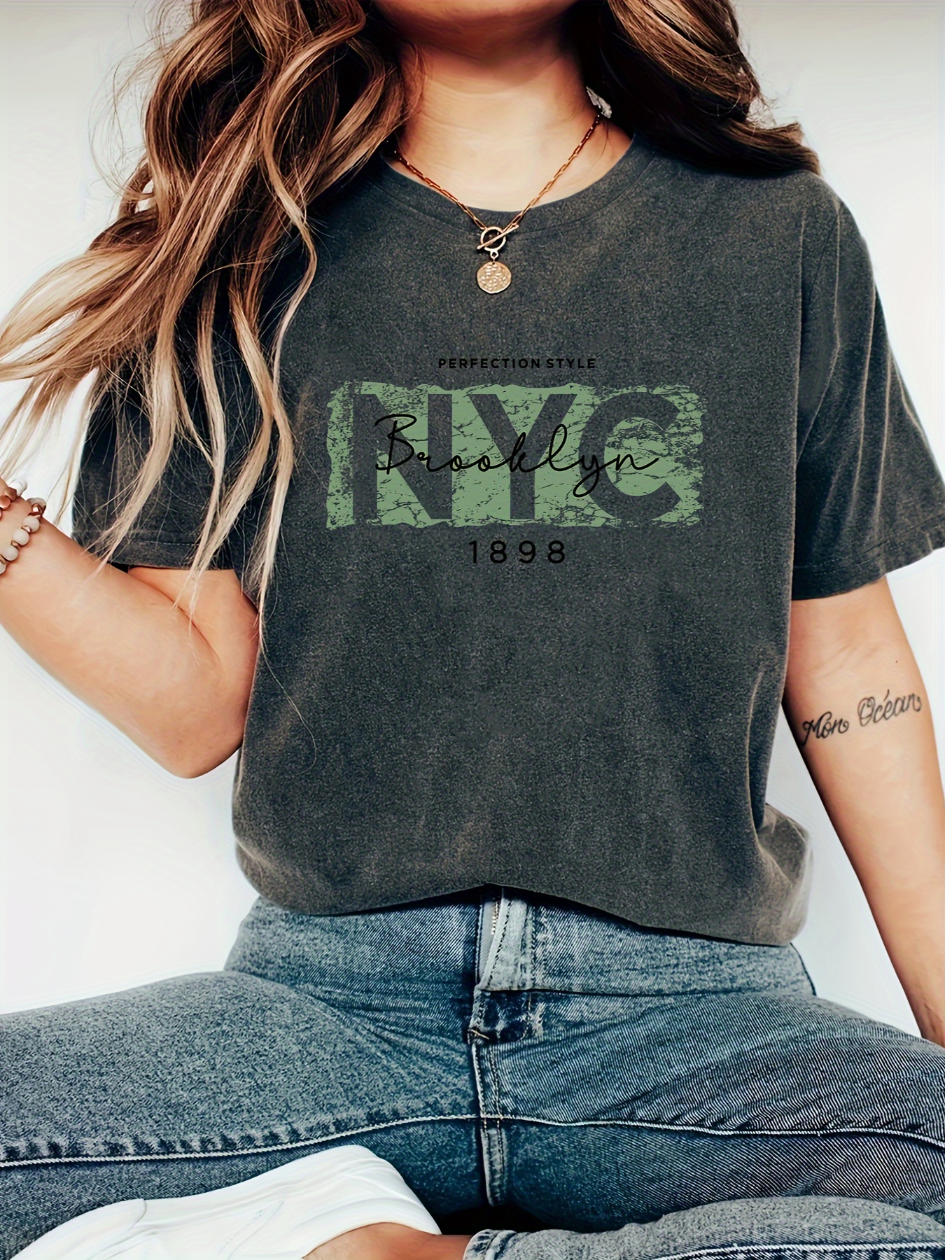 letter print t shirt short sleeve crew neck casual top - Temu New Zealand