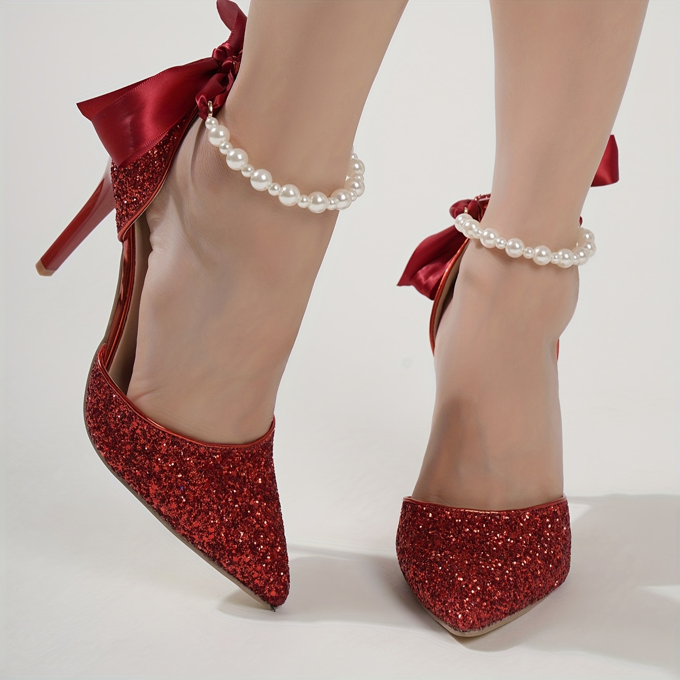 women's red glitter pointed-toe high heels with pearl ankle strap ...