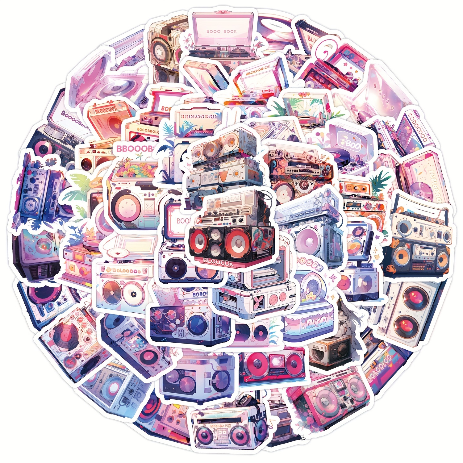 노트북 스케이트보드 물병용 비닐 레트로 붐박스 스티커 50개 카툰 테마의 셀프 접착형 데칼 파티 선물 교실 보상 문구용 불규칙한 모양 플라스틱 유리