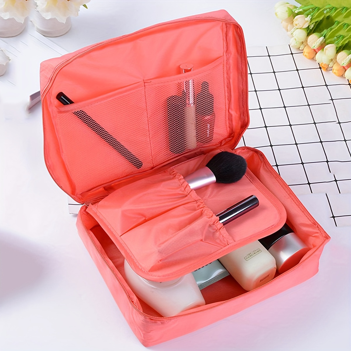 Travel Toiletry Wash Bag Solid Color Portable Zipper Makeup - Temu ...