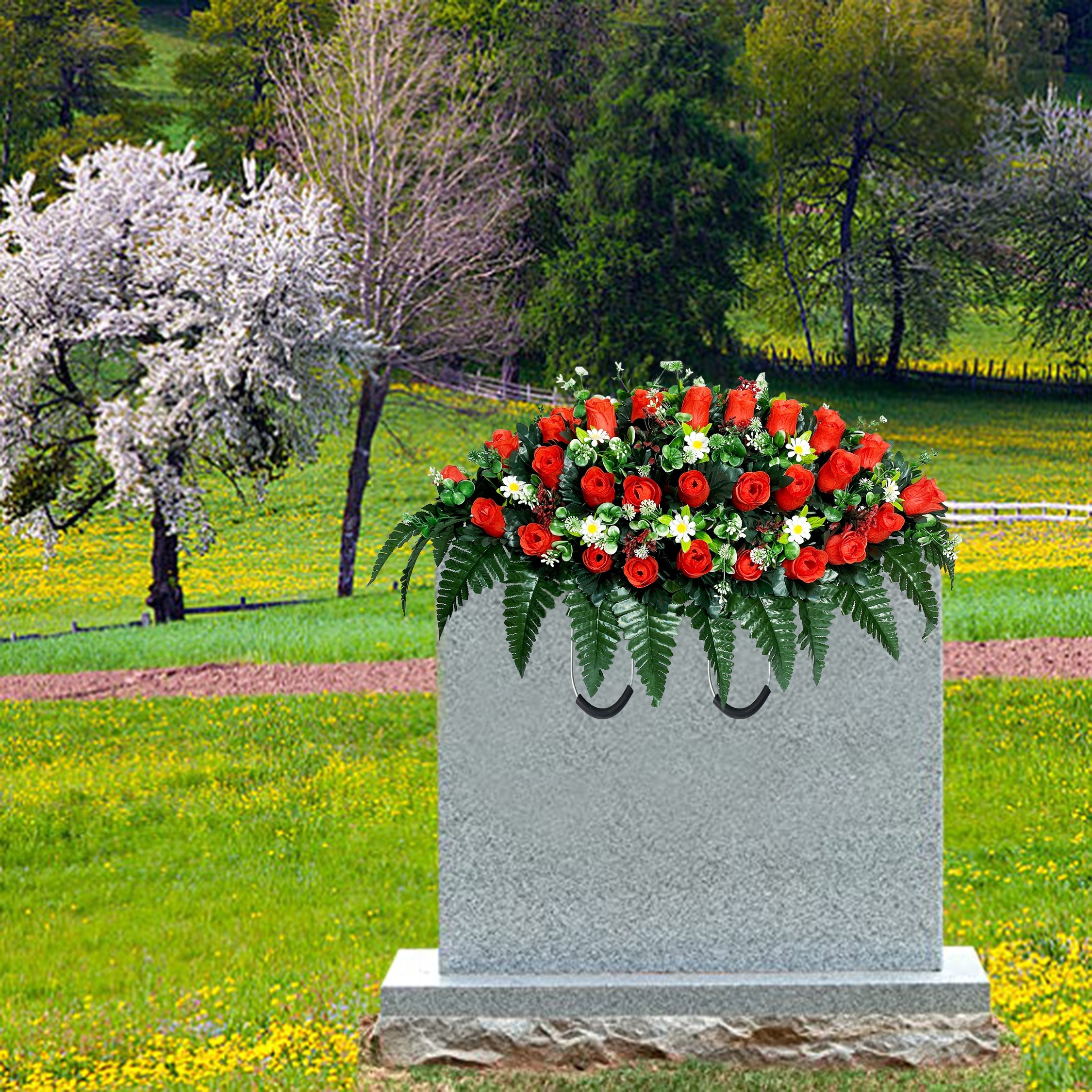 1pc Artificial Rose Bud Cemetery Saddle Arrangement, Fabric Grave ...