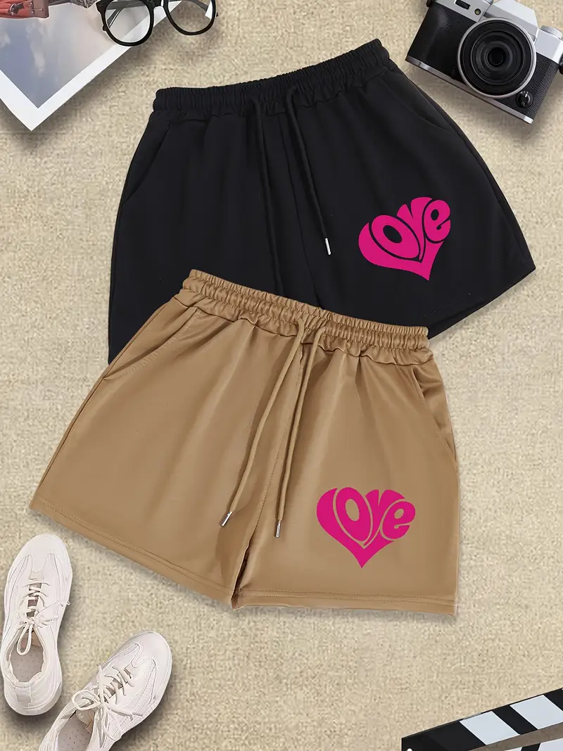 Letter Print Shorts Plus Size Heart Casual Dual Pockets Temu New Zealand