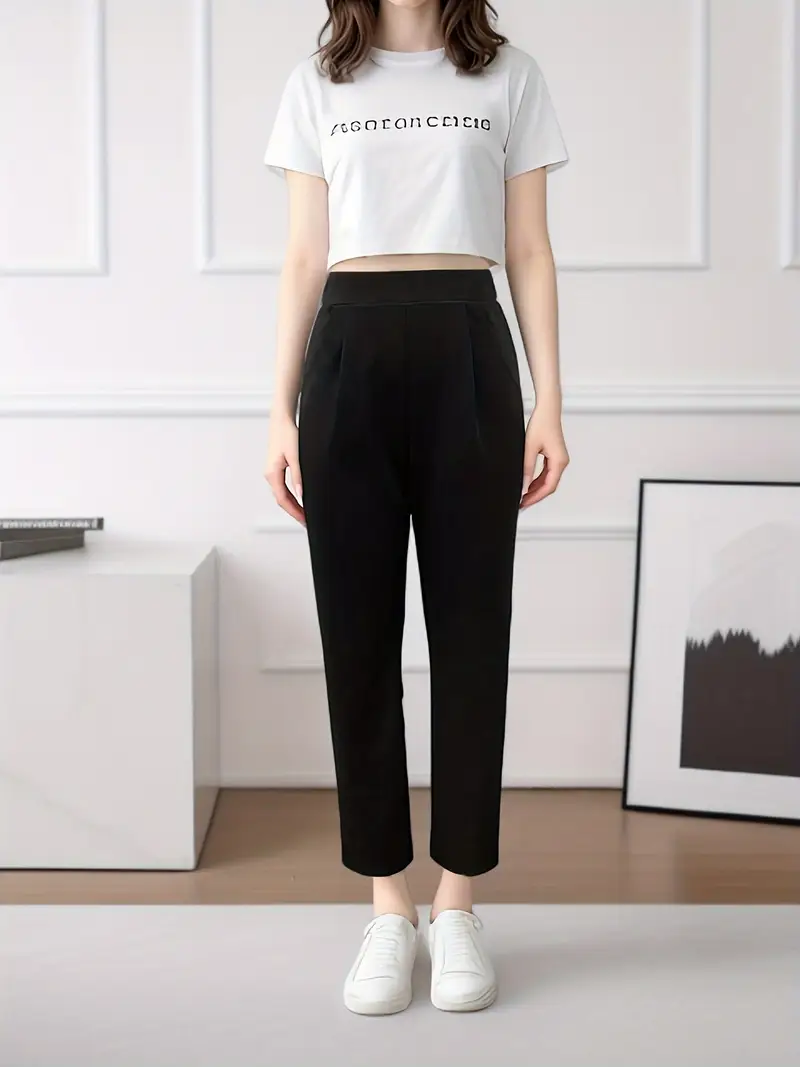 Solid High Waist Slim Pants Casual Slant Pockets Pants Temu Canada