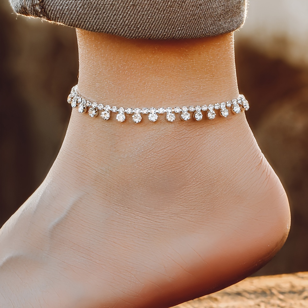 Inlaid Shiny Rhinestone Thin Chain Anklet Niche Design - Temu United ...
