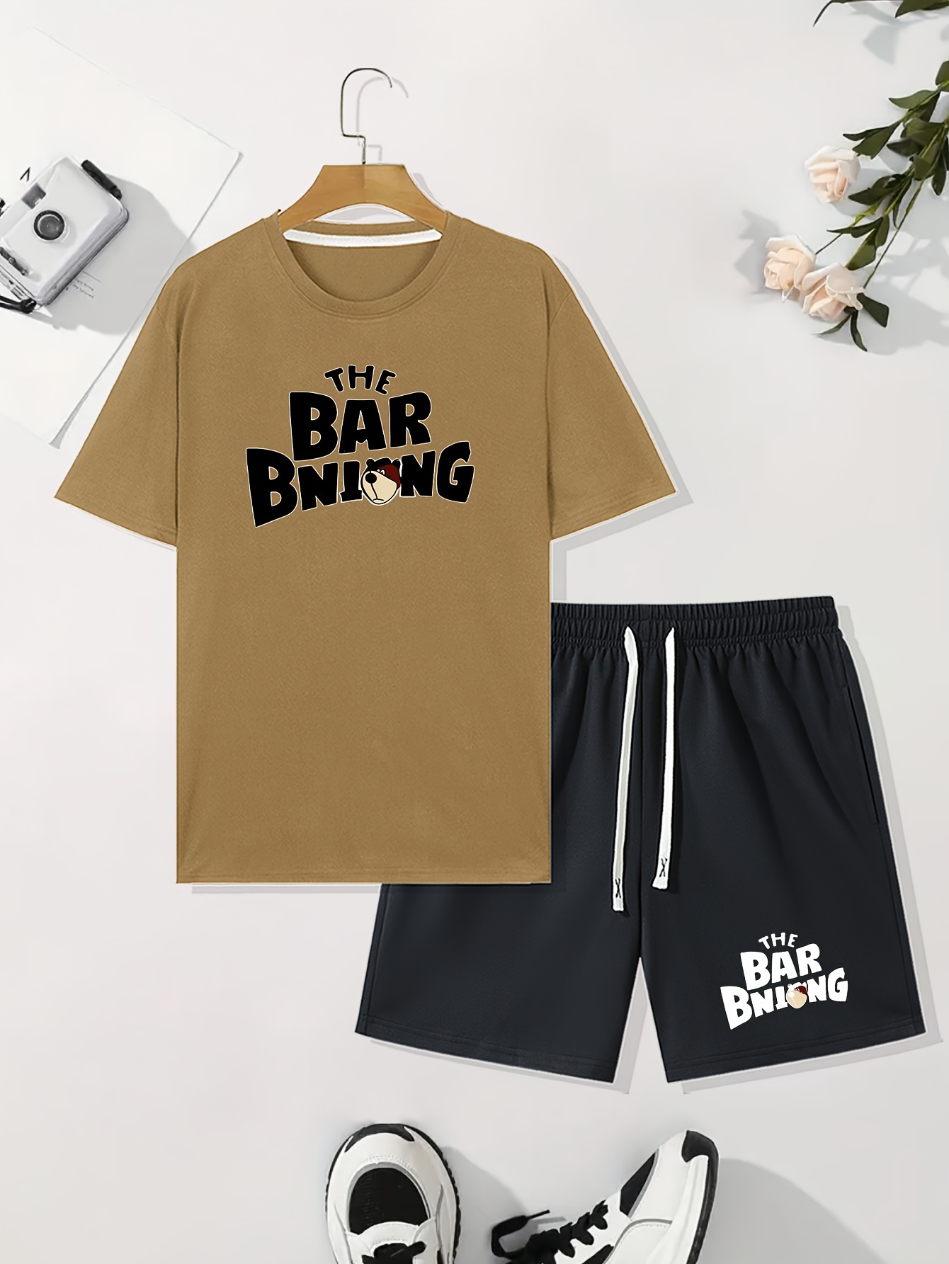 Bar Print Men's Short sleeved T shirt Drawstring Shorts Set - Temu ...