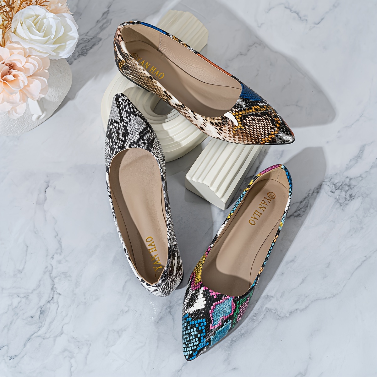 Snakeskin Pattern Flat Shoes Women s Casual Point Toe Slip - Temu Canada