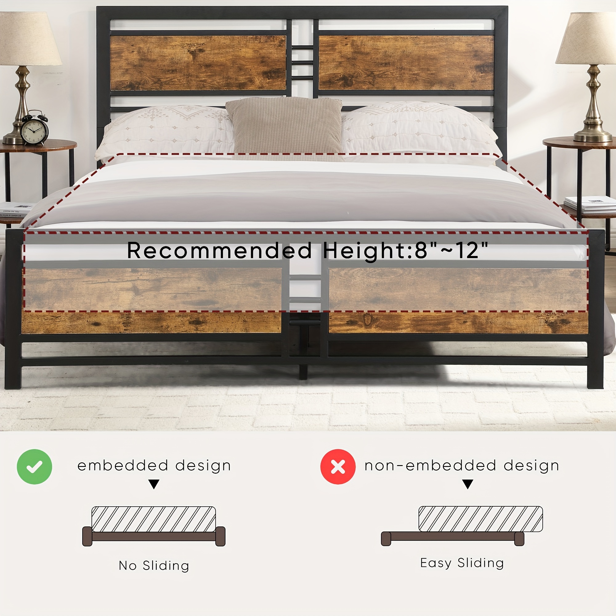 Queen Size Bed Frame Wood Headboard Footboard Sturdy Metal - Temu