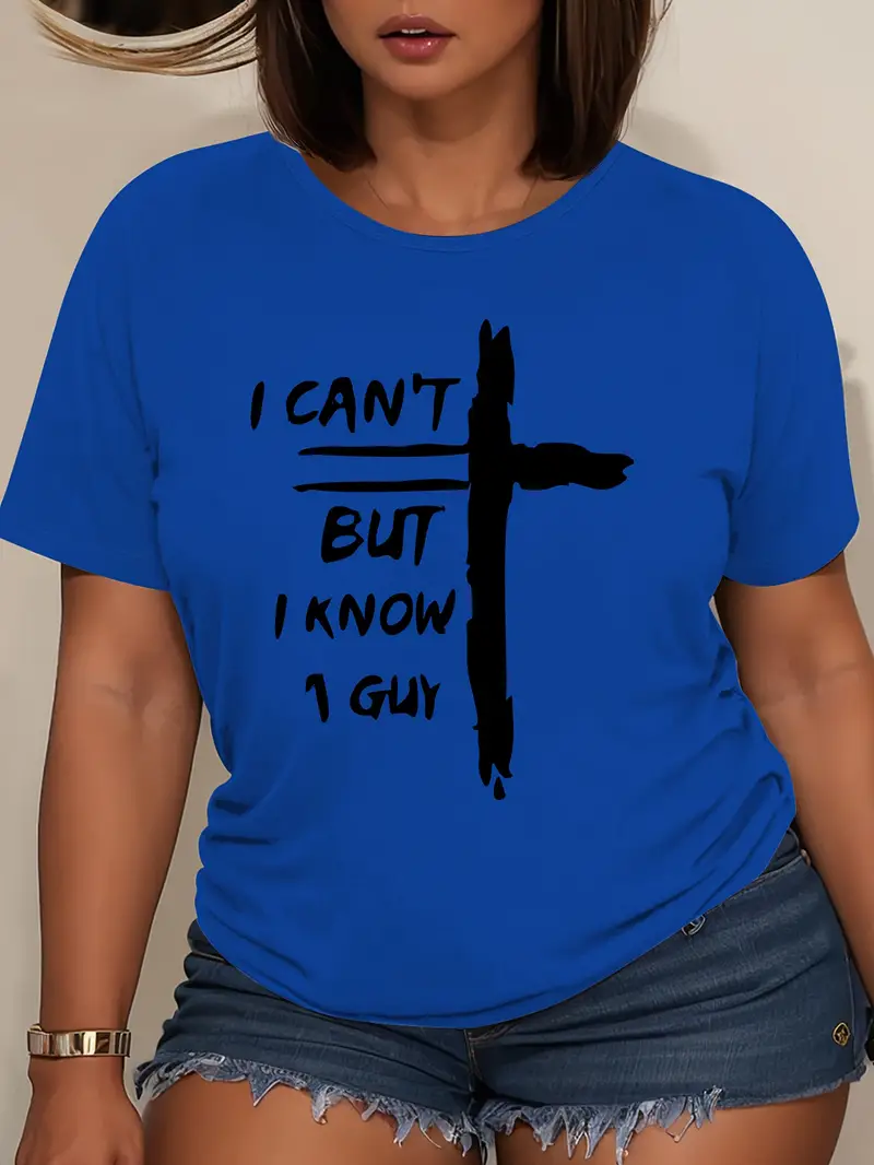 Cross Letter Print T Shirt Plus Size Short Sleeve Crew Neck Temu New