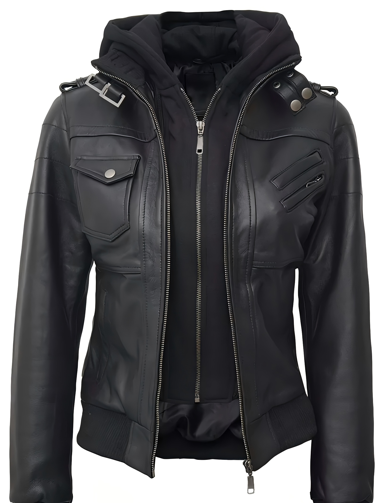 leather jacket with hoodie sold on Temu United States