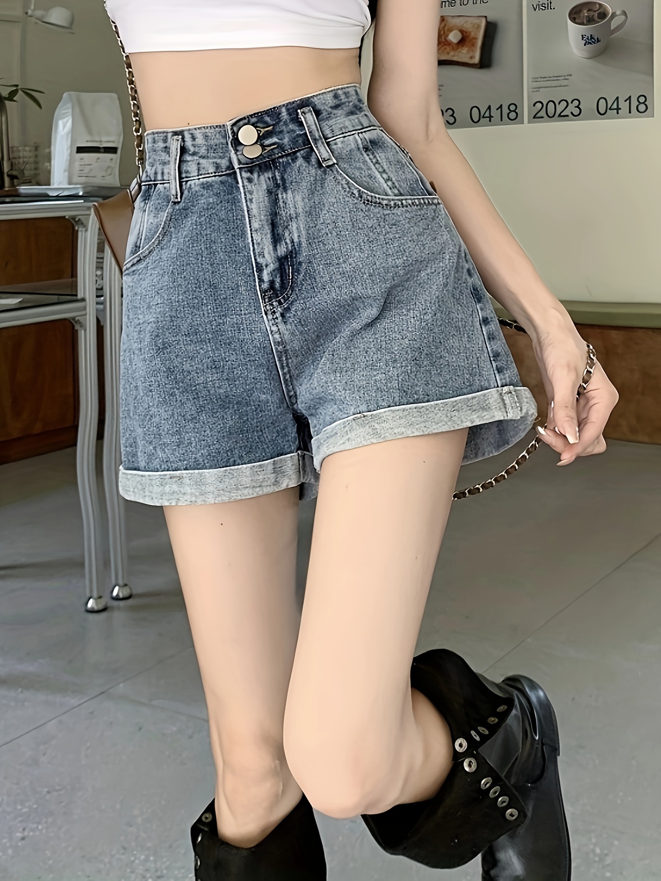 Color Block Patch Pocket Double Buttons Denim Shorts Roll Temu New Zealand
