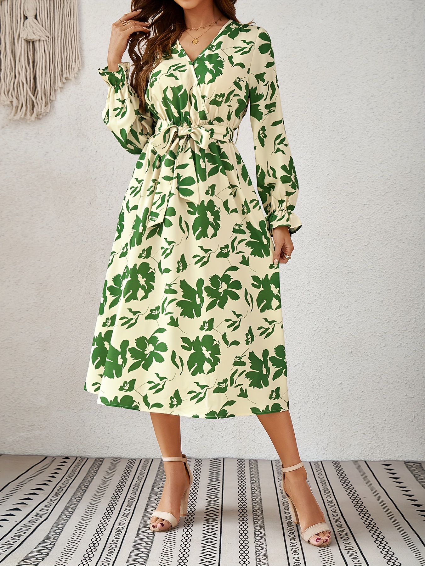 Floral Print Belted Surplice Neck Dress Elegant Long Sleeve - Temu