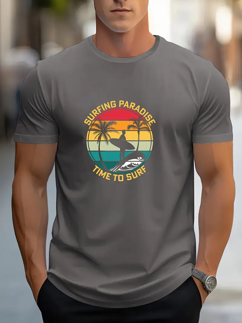 Mens Coconut Trees Print T Shirt Casual Short Sleeve Crew Temu Canada