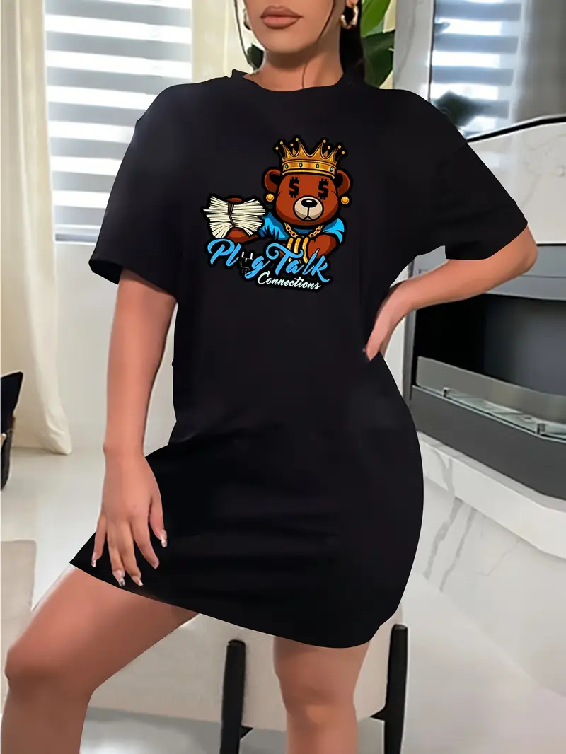 Letter Print Dress Plus Size Cartoon Casual Crew Neck Short Temu Canada