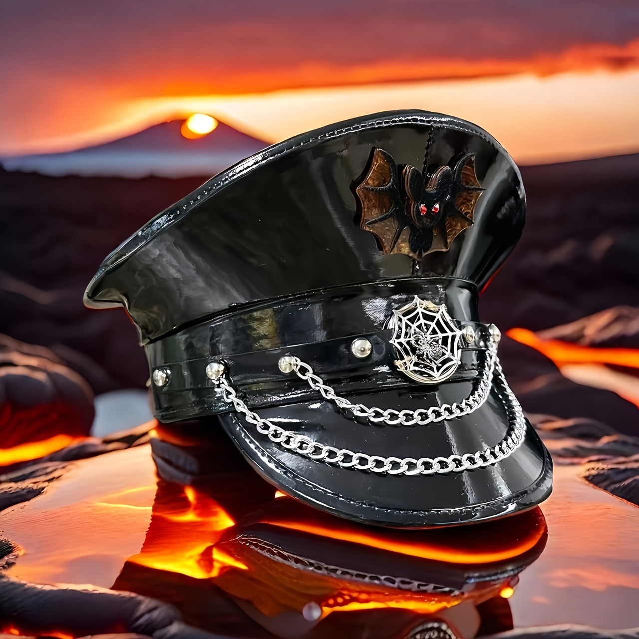 Unisex Faux Leather Naval Captain Hat Bat Badge Silver Chain - Temu ...