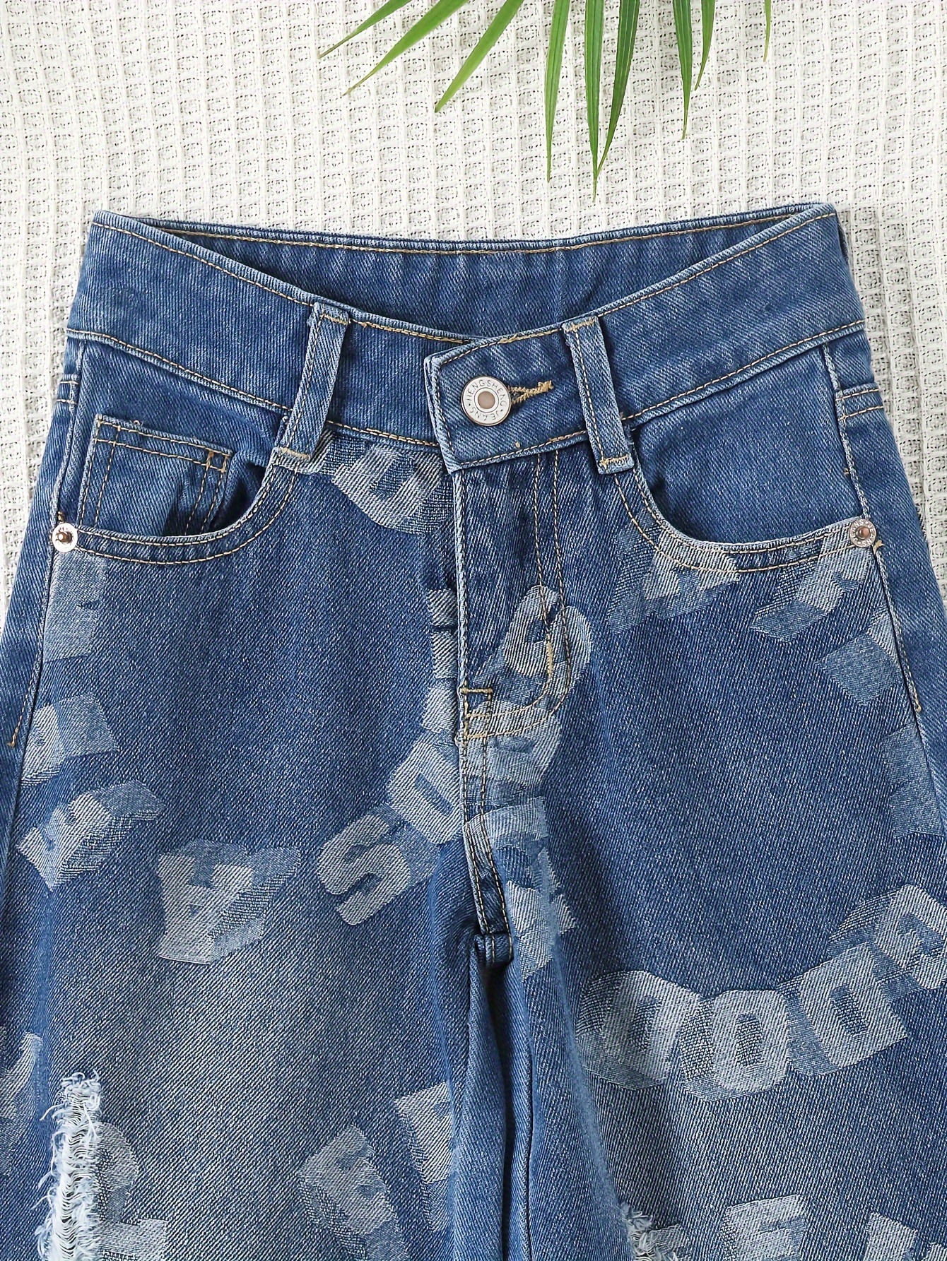 girls retro letter print ripped jeans straight leg casual - Temu ...