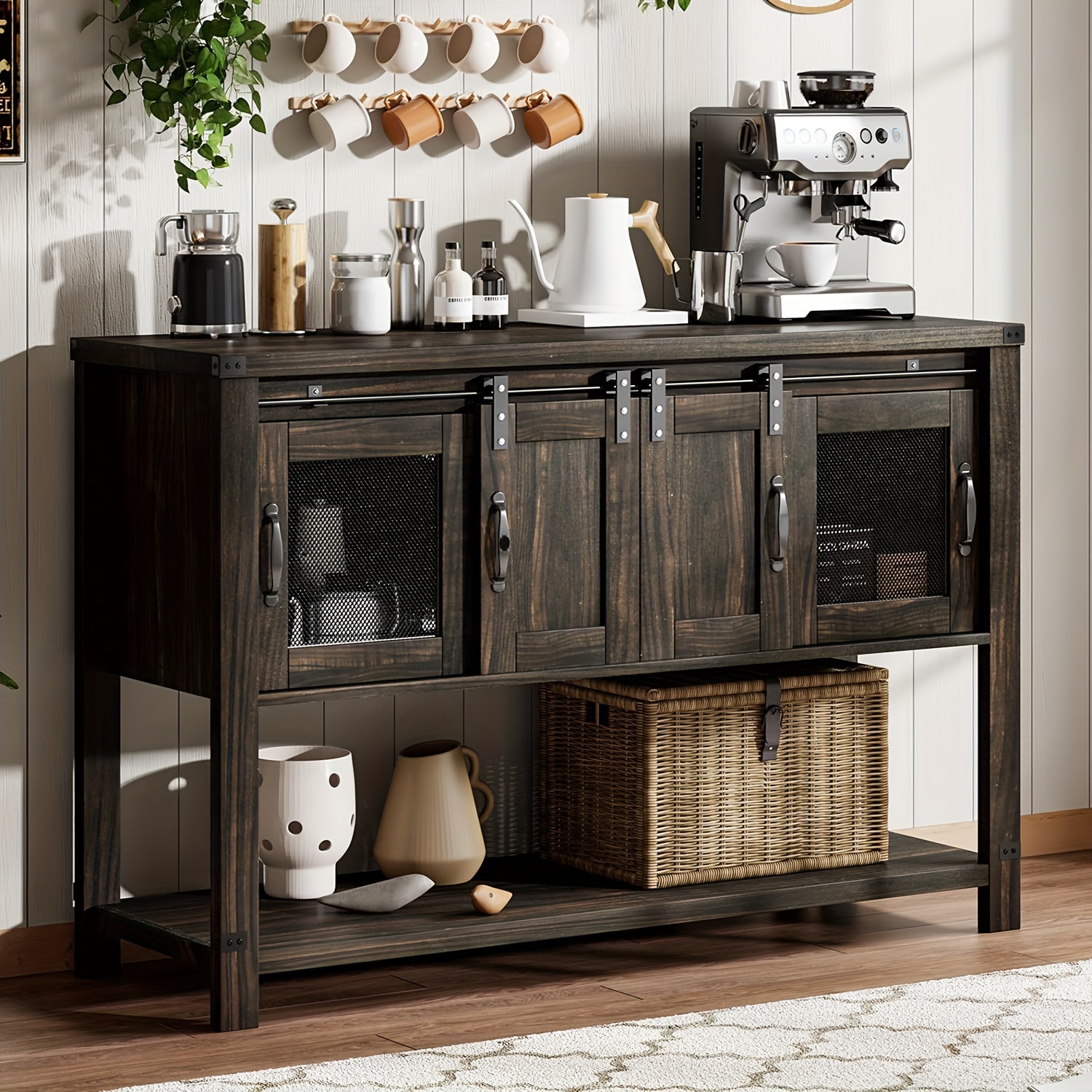 Farmhouse Coffee Bar Cabinet with Storage 47 Coffee Bar Table with Sliding Barn Door White Coffee Buffet Cabinet with Metal Mesh Doors Console Ta