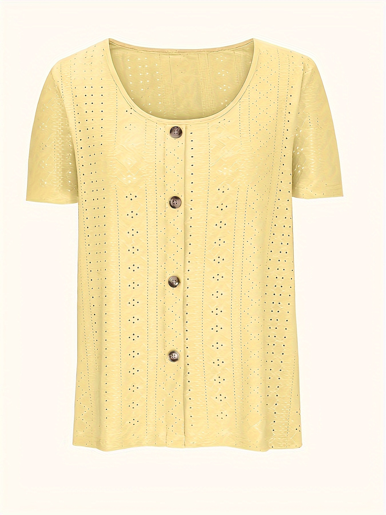 Plus Size Eyelet Solid Button Front T shirt Casual Short - Temu Canada