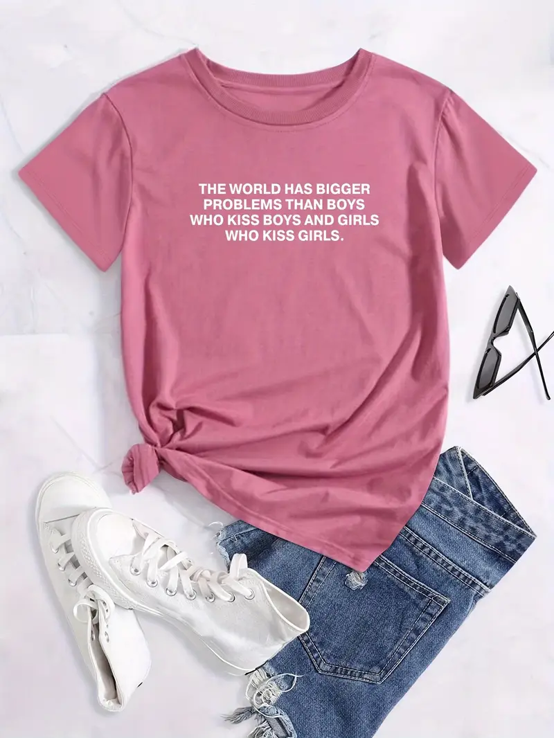 Letter Print T Shirt Plus Size Short Sleeve Crew Neck Casual Temu