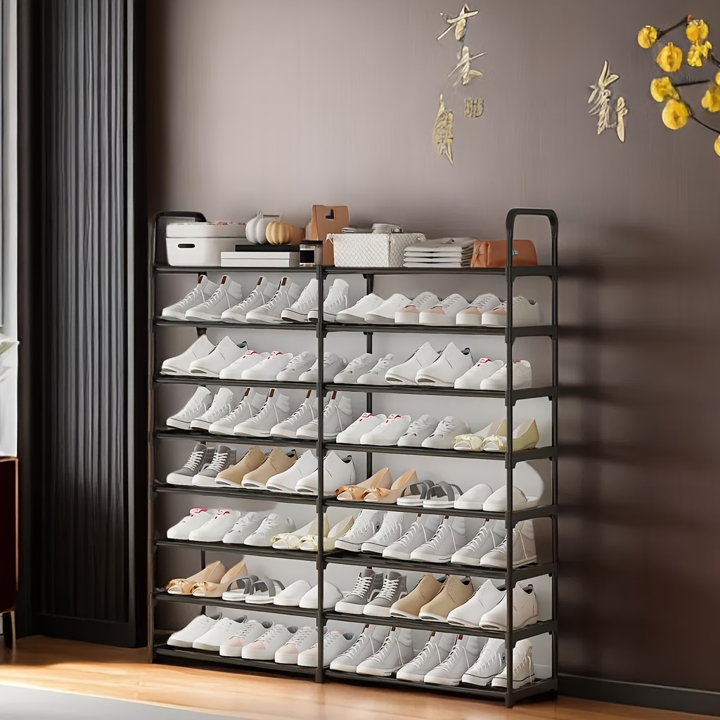 1pc 10-tier Double Row Shoe Rack, Black Floor Standing Storage ...
